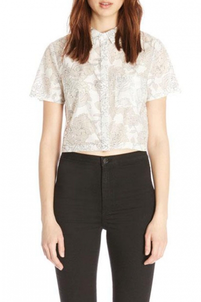 White Floral Print Short Sleeve Lapel Cropped Chiffon Blouse