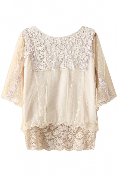White Lace 3 4 Sleeve Sheer Net Insert Blouse