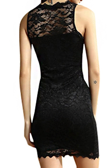 Plain Lace V Neck Sleeveless Bodycon Mini Dress