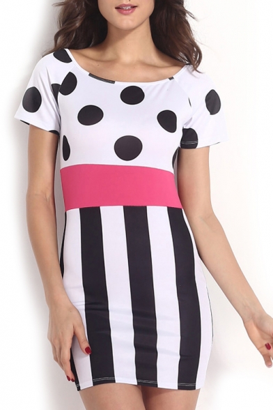 Color Block Polka Dot Stripe Print Short Sleeve Dress