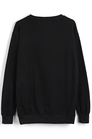 Round Neck Letter Print Long Sleeve Black Sweatshirt