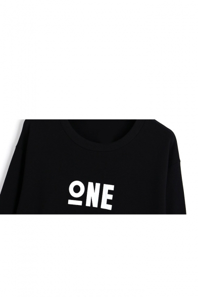 Round Neck Letter Print Long Sleeve Black Sweatshirt