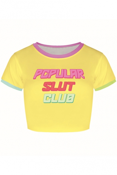 Letter Popular Slut Club Printed Short Sleeve Cropped Slim Yellow T