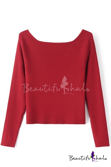 Boat Neck Plain Long Sleeve Knit Pullover Sweater