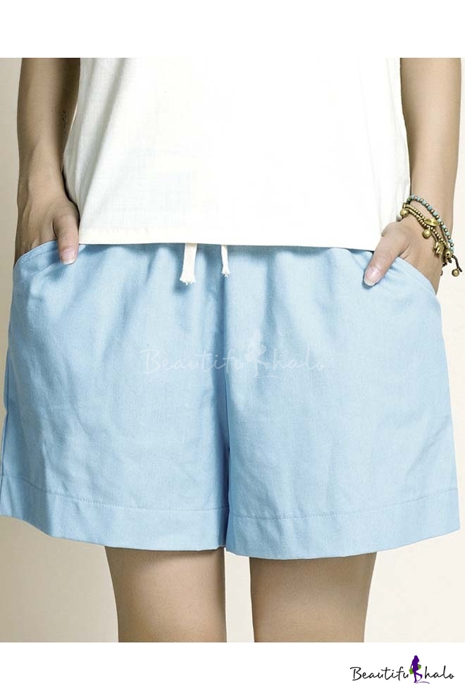 Womens Elastic Waist Cotton Linen Casual Beach Shorts With Pockets